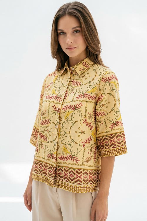EXQUISE Exquise Printed Ramie Shirt with Classic Collar and Short Sleeves